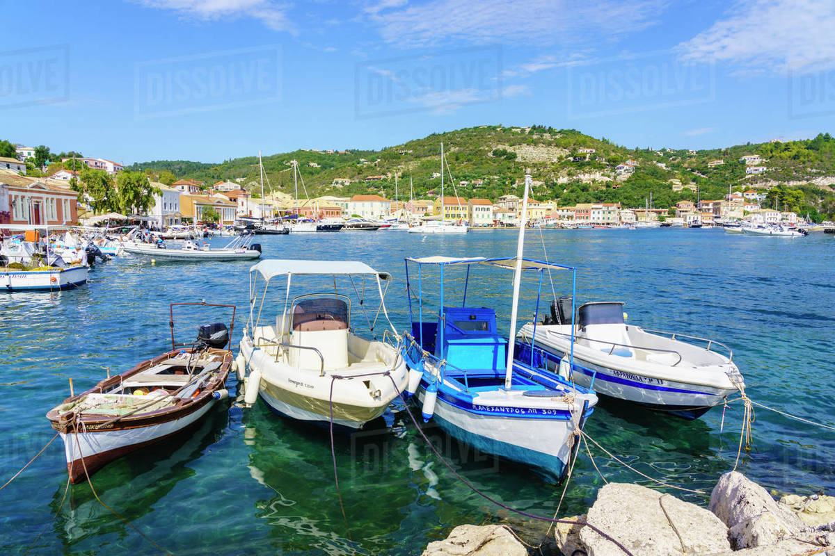The pretty town of Gaios, the main port and harbour on the island ...
