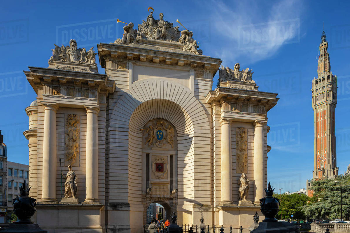 The Porte de Paris with the Belfry of the City Hall, Lille, Nord ...
