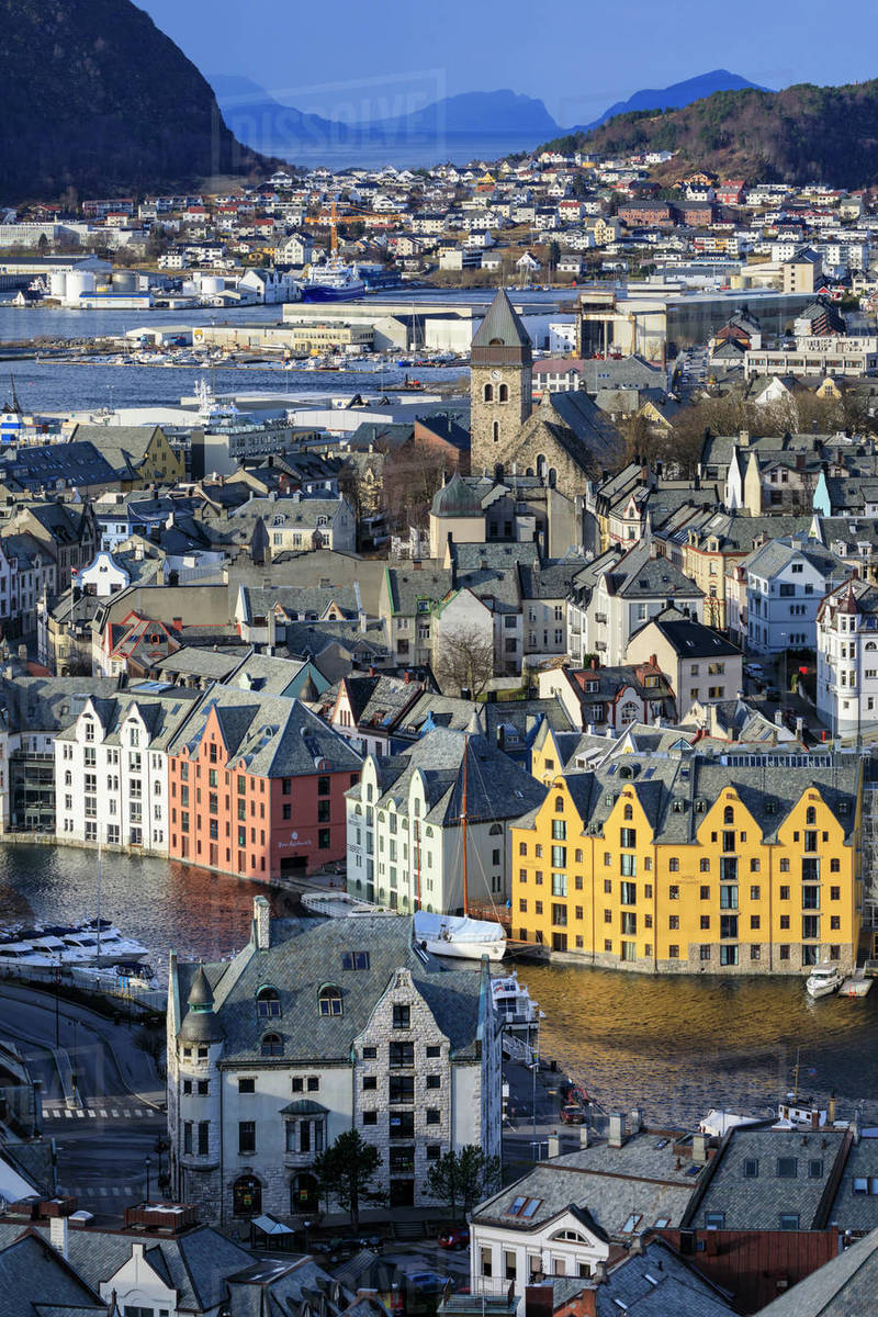 View from Aksla hill over beautiful Alesund, colourful Art Nouveau ...