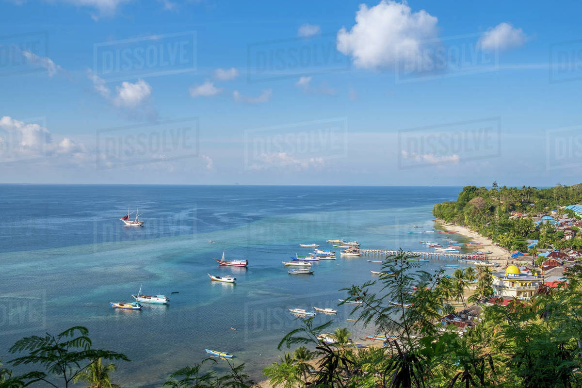 Elevated view of the main village of Banda Besar, Maluku, Spice Islands ...