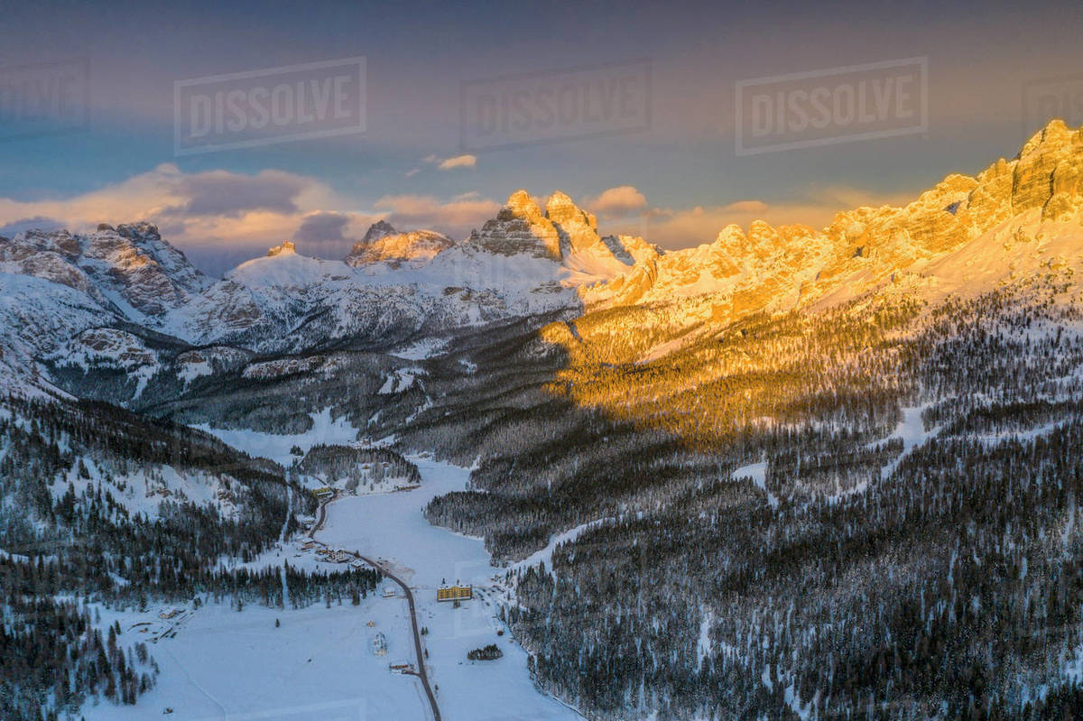 Panoramic view by drone of Tre Cime di Lavaredo and Cadini di Misurina ...