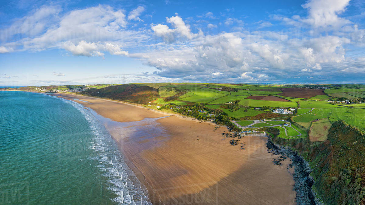 Aerial view over Putsborough beach towards Woolacombe, Morte Bay, North ...