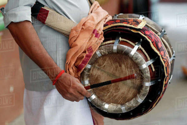 Musician playing a Thavil, a traditional Indian drum, Sri Mahamariamman ...