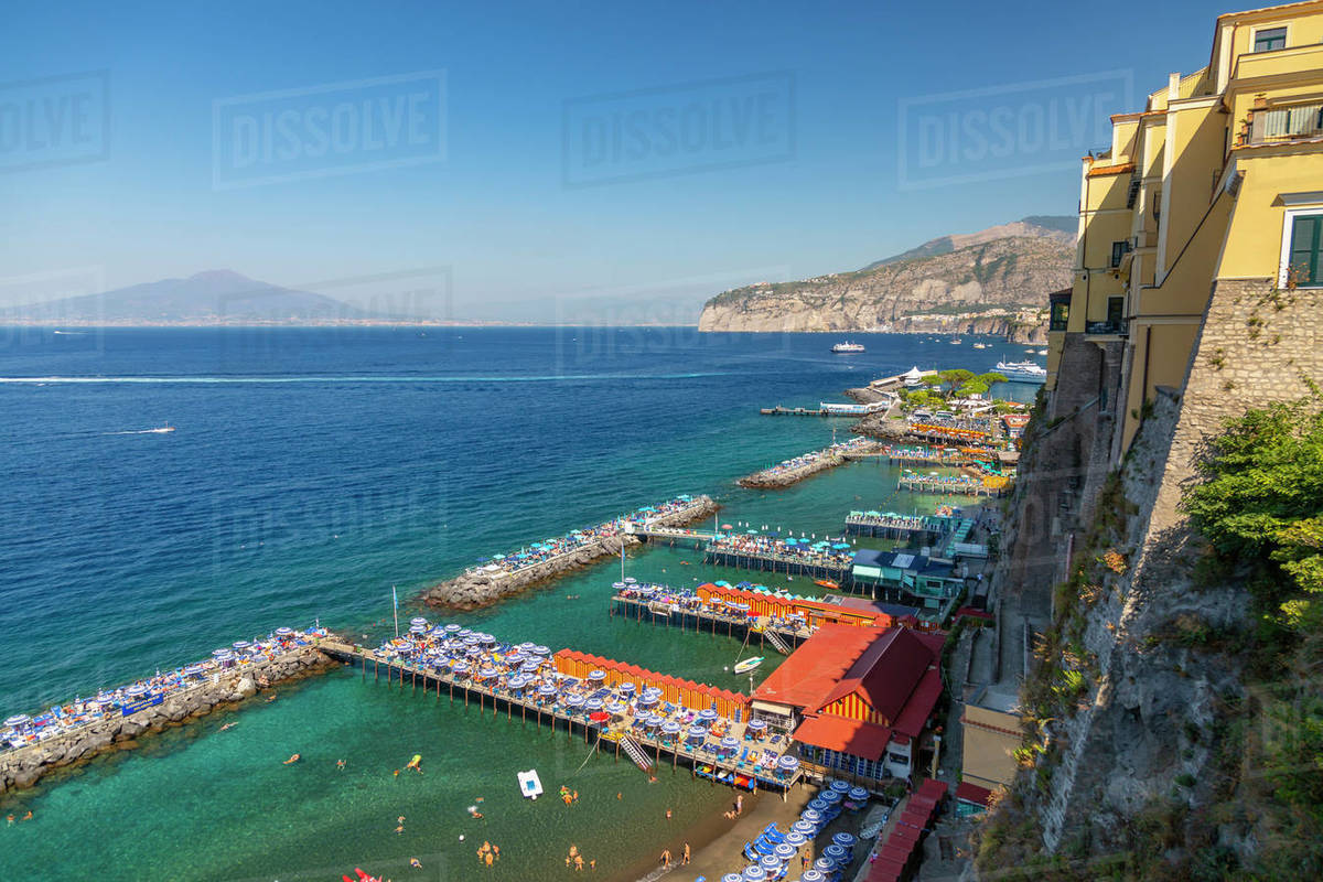 View of Leonelli's beach, public beach and Mount Vesuvius, Sorrento ...