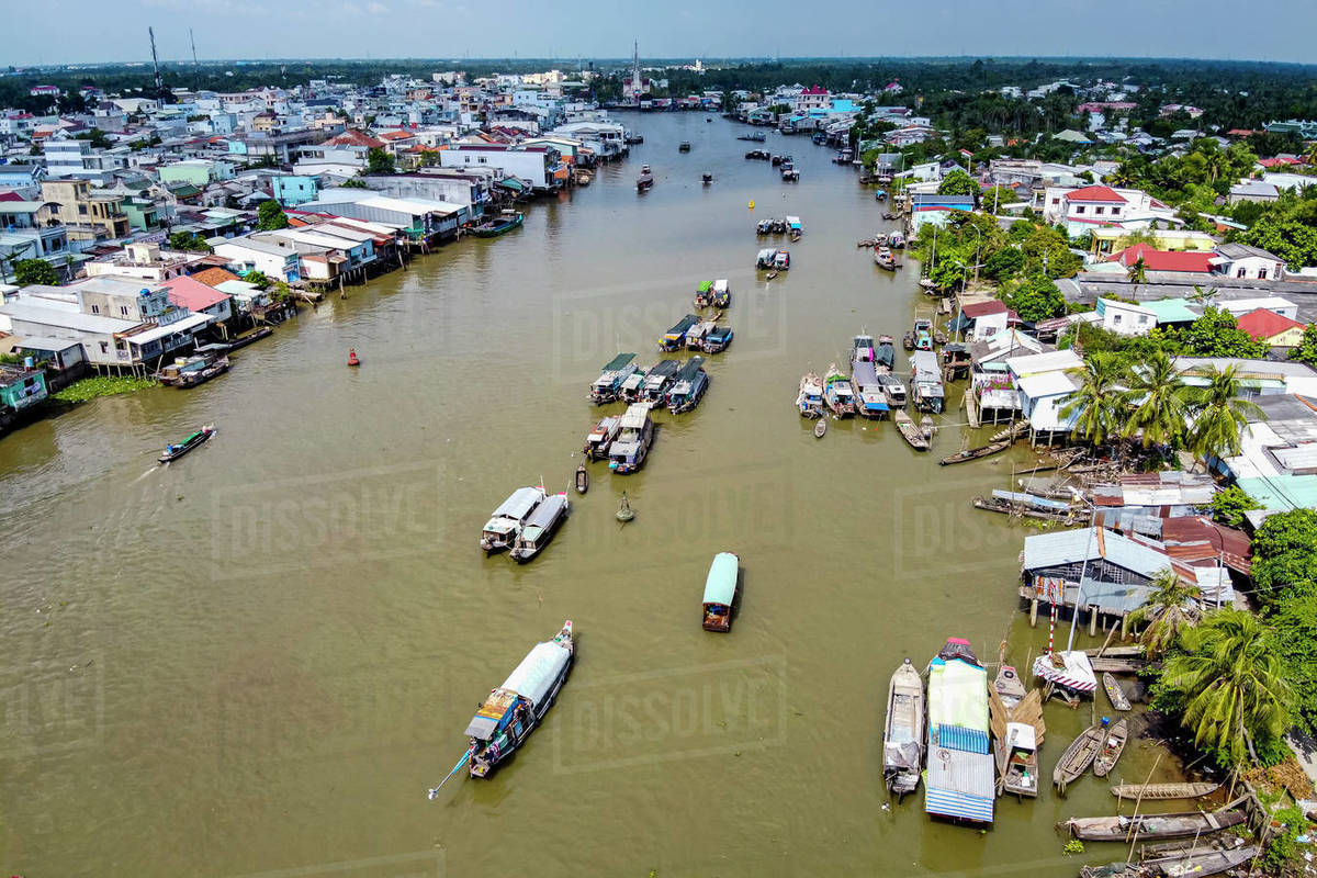 Aerial of the Cai Be floating market, Mekong Delta, Vietnam, Indochina ...