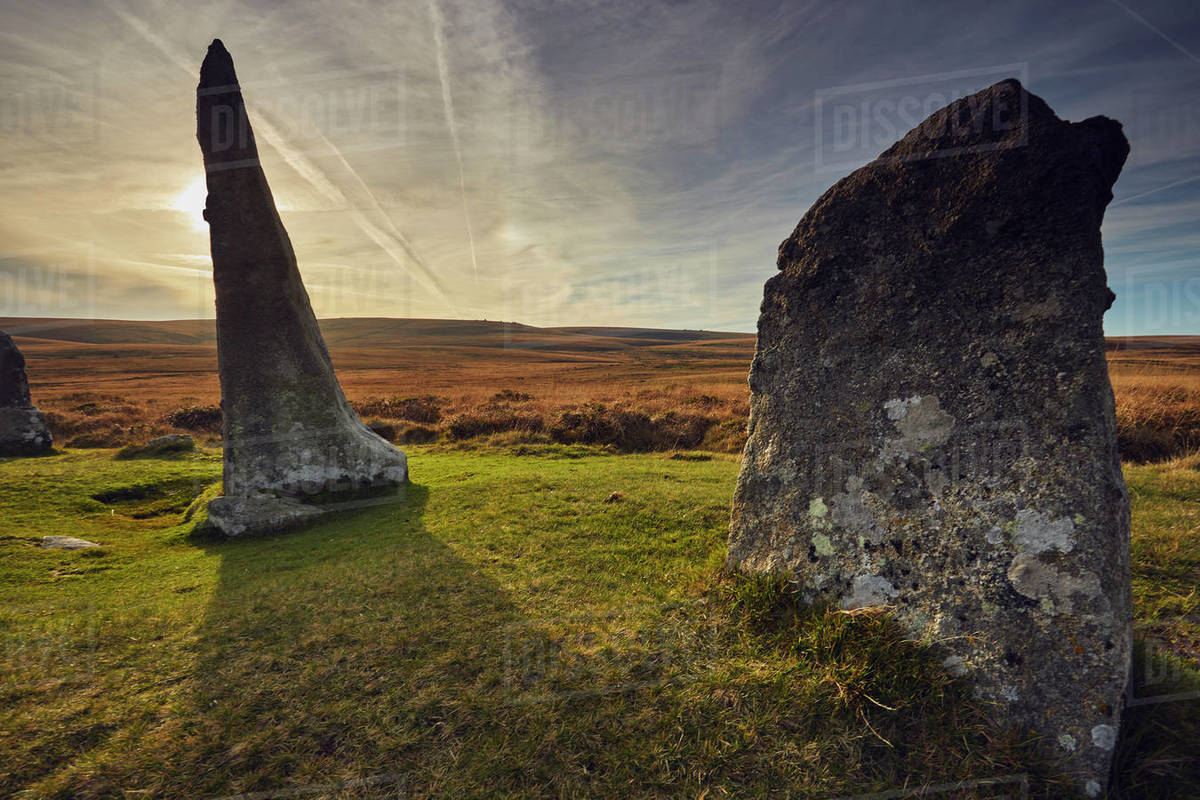 Ancient prehistoric standing stones in a stone circle, Scorhill Stone ...