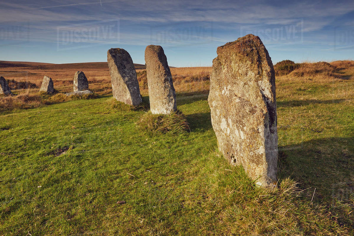 Ancient prehistoric standing stones in a stone circle, Scorhill Stone ...