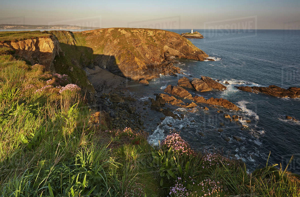 The cliffs of Godrevy Point, with Godrevey Island and Lighthouse beyond ...