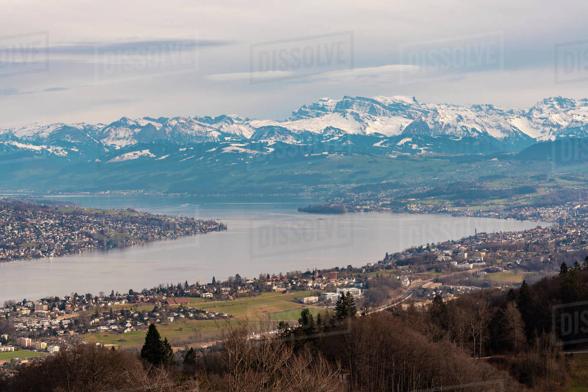 View of Zurich lake and city with the mountains in the background from ...