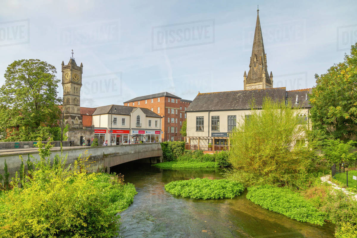 View of River Avon and ornate clock tower on Fisherton's Street ...