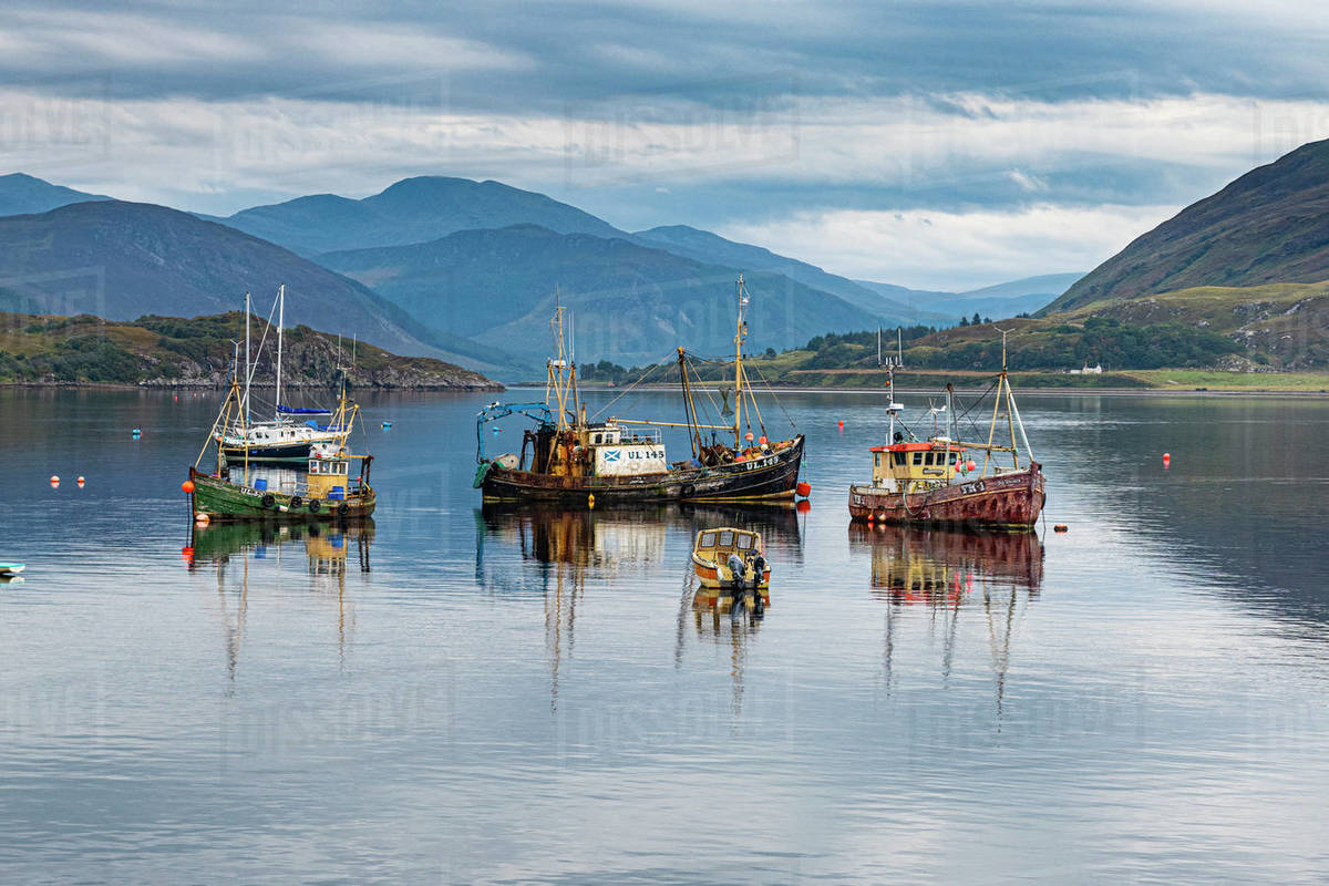 Fishing boats, Bay of Ullapool, Ross and Cromarty, Highlands, Scotland ...