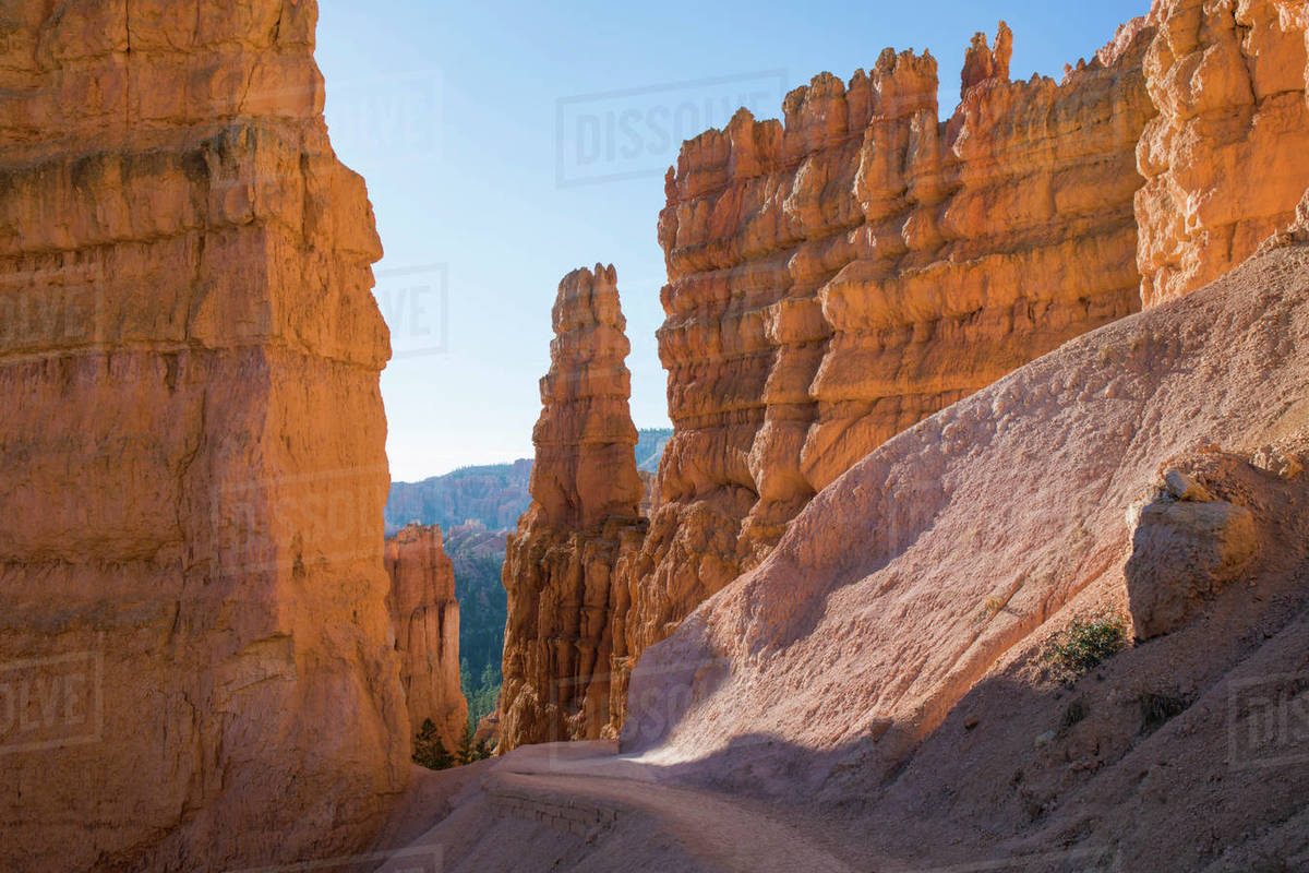 High cliffs towering above the Navajo Loop Trail below Sunset Point ...