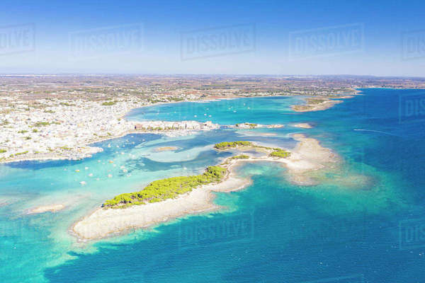 Aerial view of Porto Cesareo coastal town washed by the clear sea ...