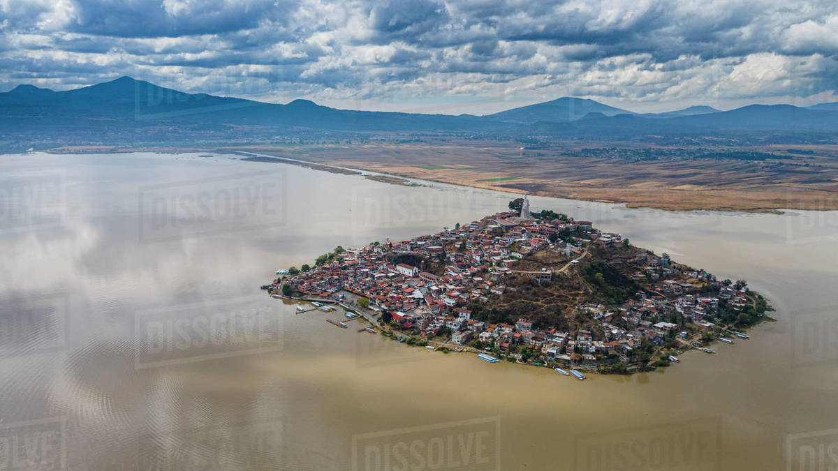 Aerial of the Janitzio island on Lake Patzcuaro, Michoacan, Mexico ...