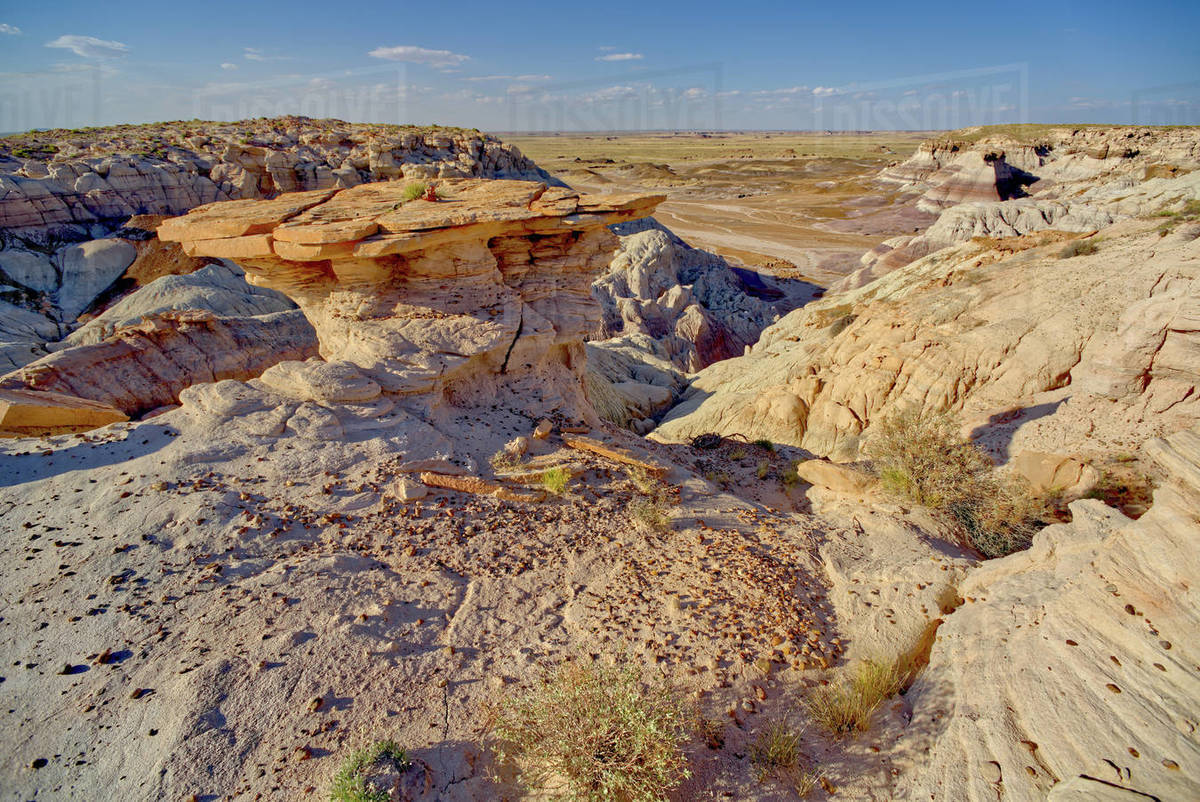 A hoodoo shaped like a table top, on a cliff along the Blue Mesa in ...