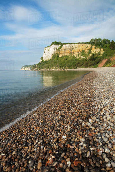 Shingle beach and cliffs of Seaton Hole at high tide, Seaton, Jurassic ...