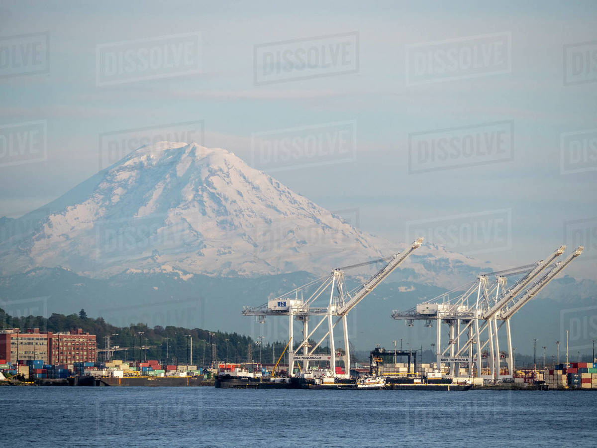View of the commercial docks in Seattle with Mount Rainier in the ...