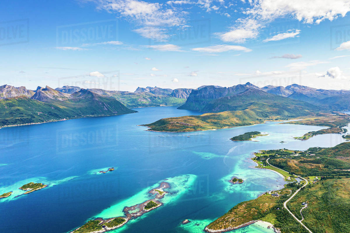 Aerial view of Bergsoyan Islands and Bergsbotn scenic route along the ...