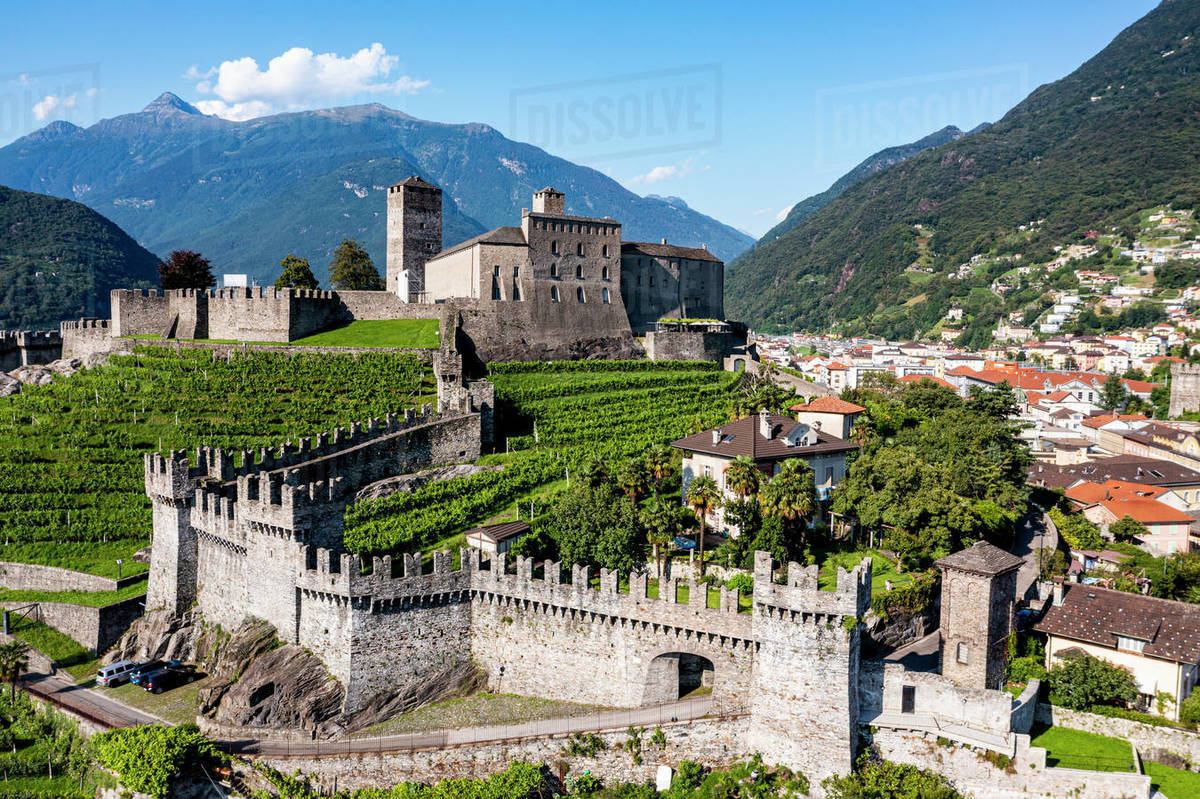 Aerial of the Castlegrande, Three Castles of Bellinzona UNESCO World ...