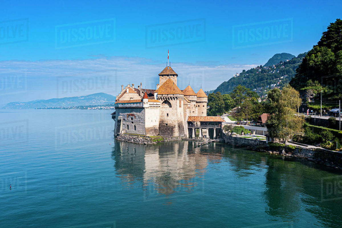 Aerial of Chillon Castle, Lake Geneva, Switzerland, Europe - Royalty ...
