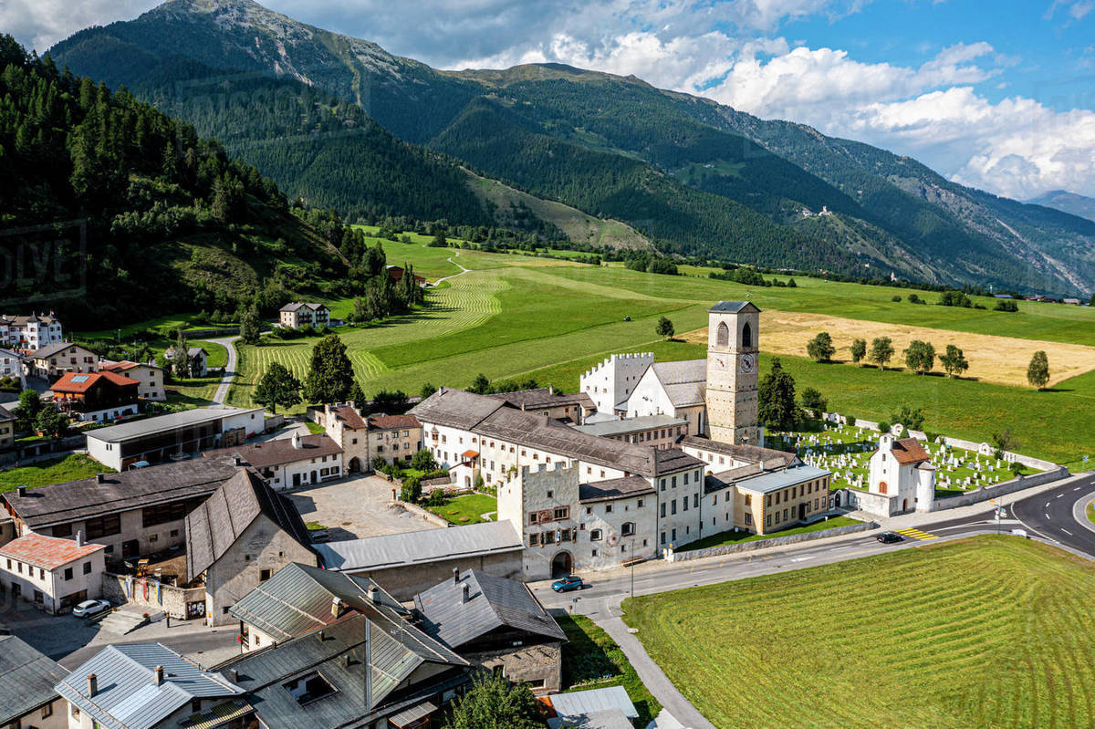 Aerial of the Benedictine Convent of St. John in Mustair, UNESCO World ...