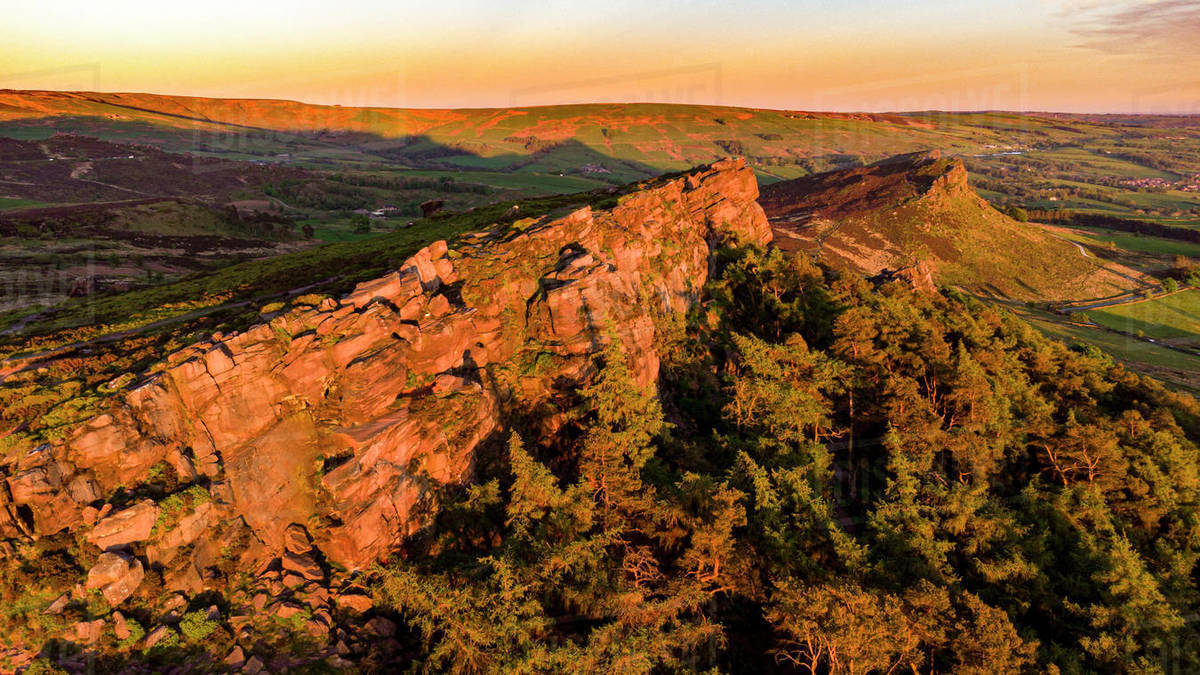 Aerial view of The Roaches, in Peak District National Park at sunset ...