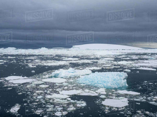 Stormy weather over pack ice and icebergs near Adelaide Island ...