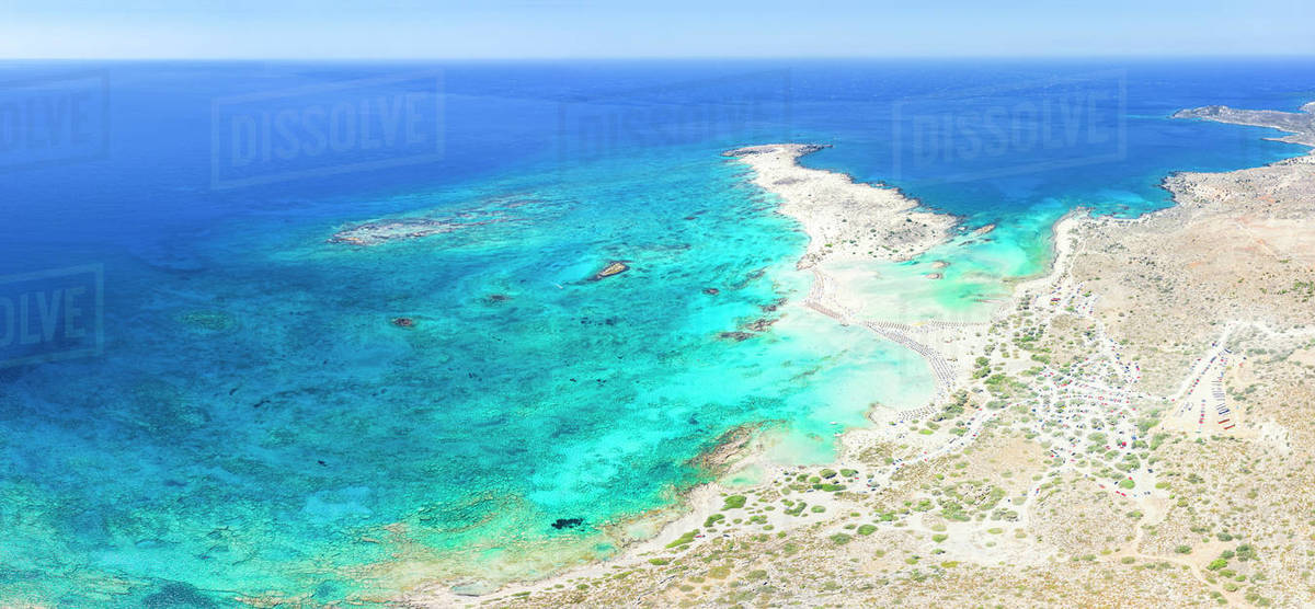 Aerial view of the exotic Elafonisi beach set along an island lagoon ...