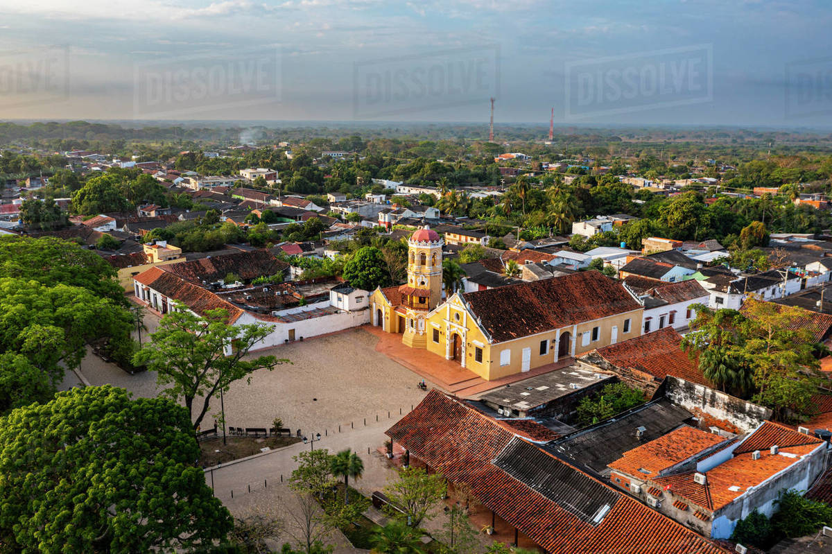 Aerial of the Iglesia De Santa Barbara, Mompox, UNESCO World Heritage ...