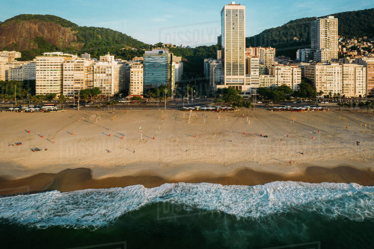 Aerial drone view of Leme Beach and Copacabana Beaches at sunrise with ...
