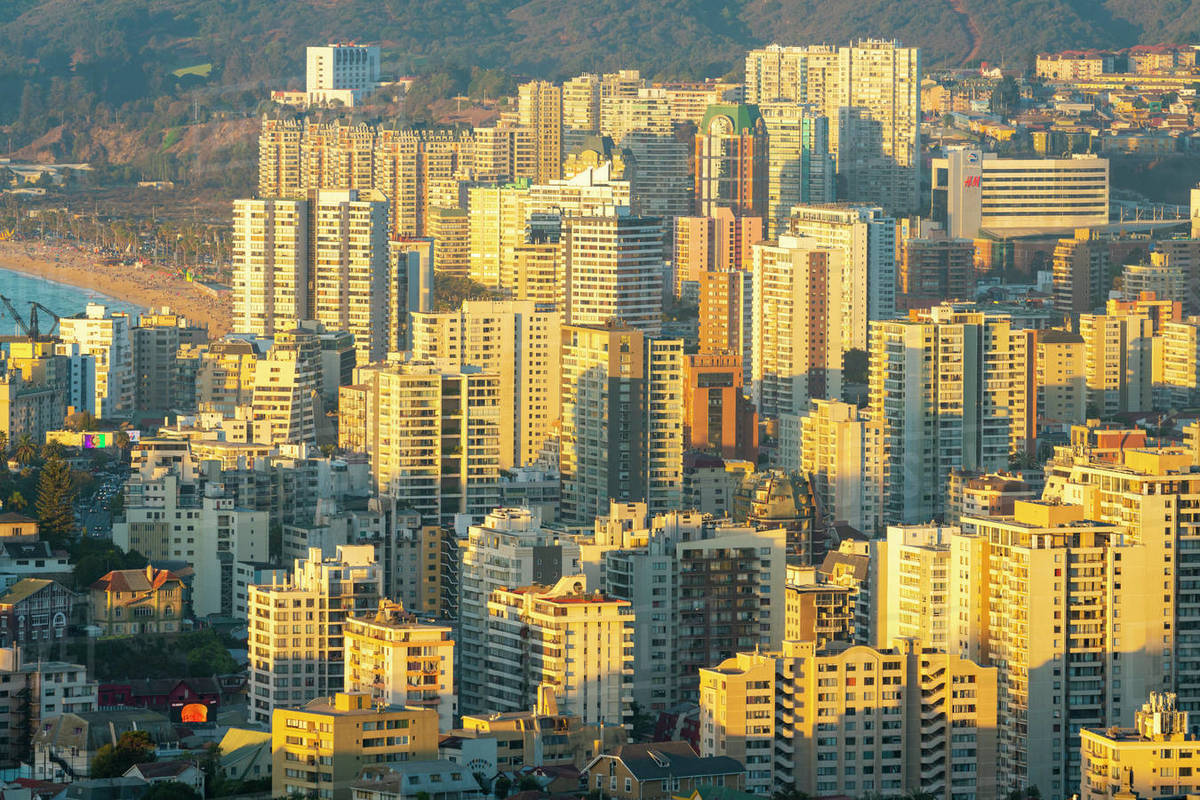 High-rise buildings of Vina del Mar at sunset, Vina del Mar, Chile ...