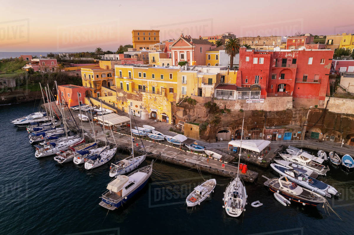Aerial view of the Roman harbour of Ventotene at dawn, Pontine Islands ...