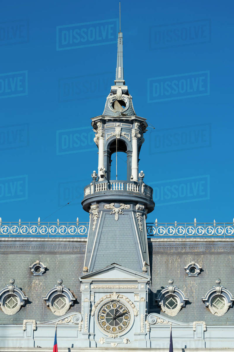 Detail of facade and tower of Edificio Armada de Chile at Plaza Sotomayor, UNESCO, Valparaiso ...