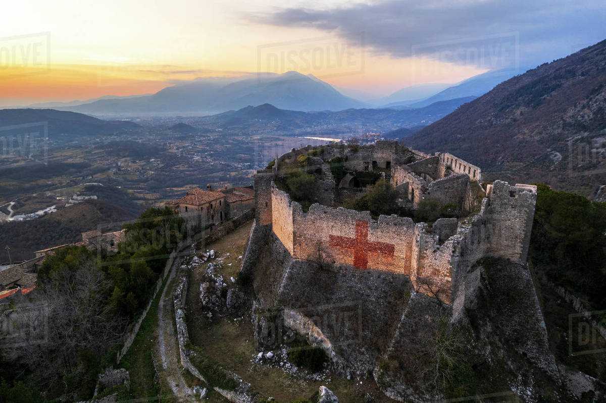 Aerial view of the medieval castle of Vicalvi overlooking the valley ...