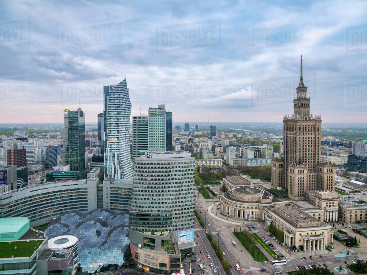 City Centre Skyline and Palace of Culture and Science, elevated view, Warsaw, Masovian ...