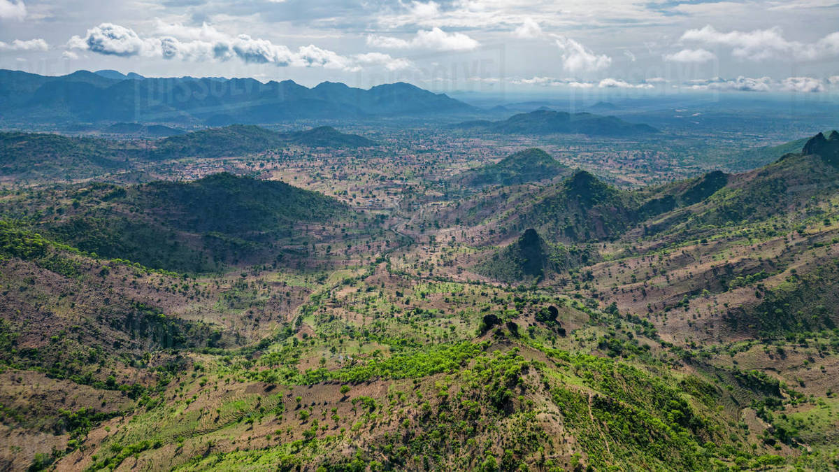 Aerial of Rhumsiki peak in the lunar landscape of Rhumsiki, Mandara ...