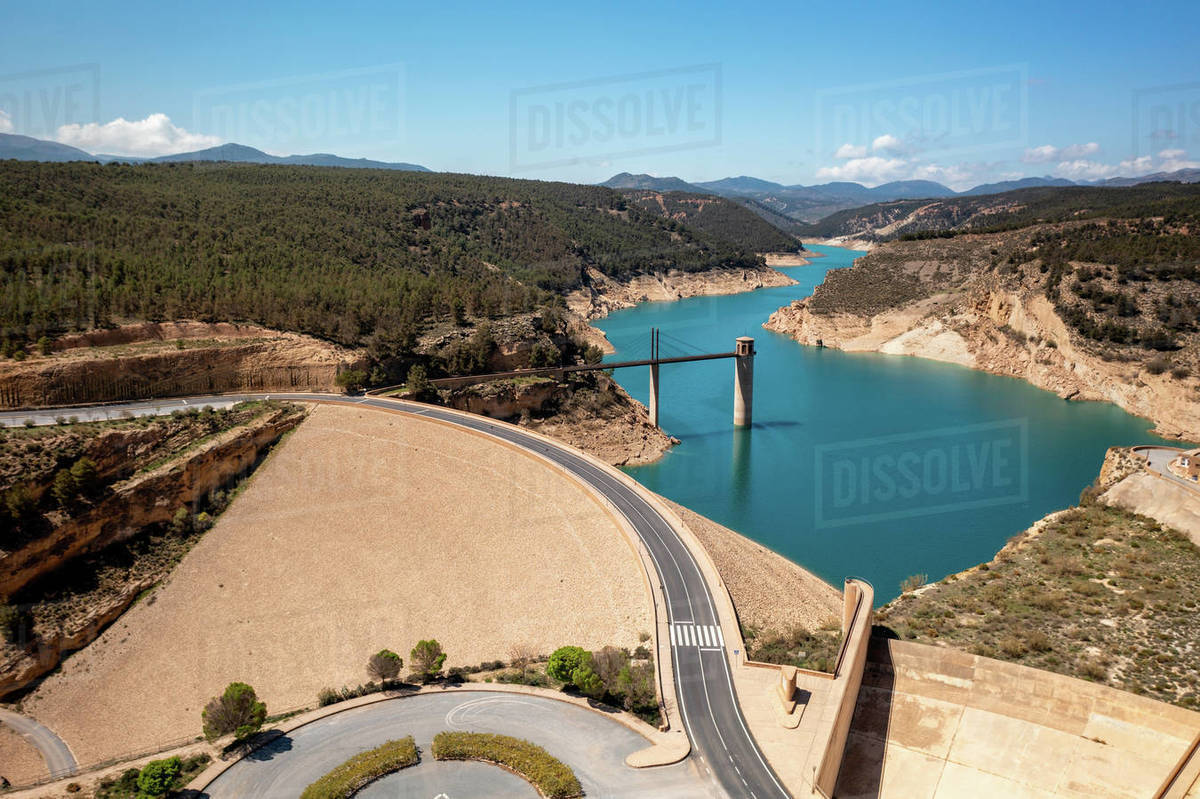 Drone aerial view of Francisco Abellan Dam and Reservoir, Granada ...
