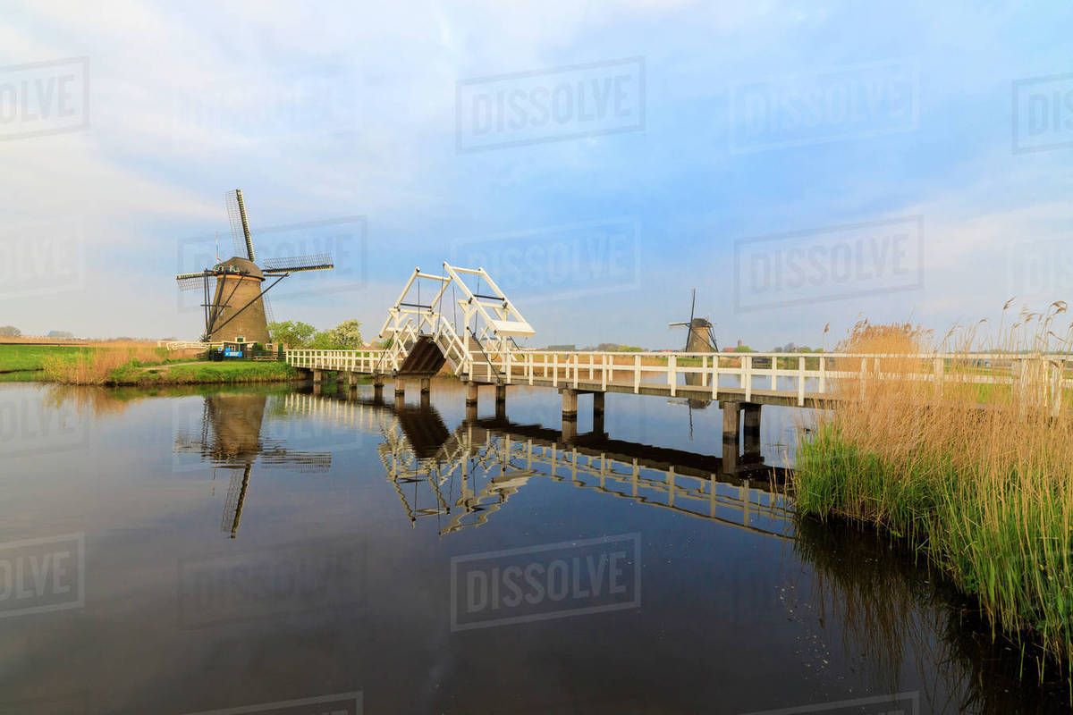 Traditional windmills and bridge on the canal framed by sunrise ...