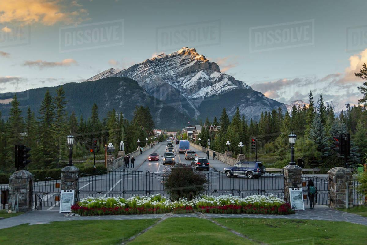 View down Banff Avenue toward Snow Peak, Banff, Banff National Park ...