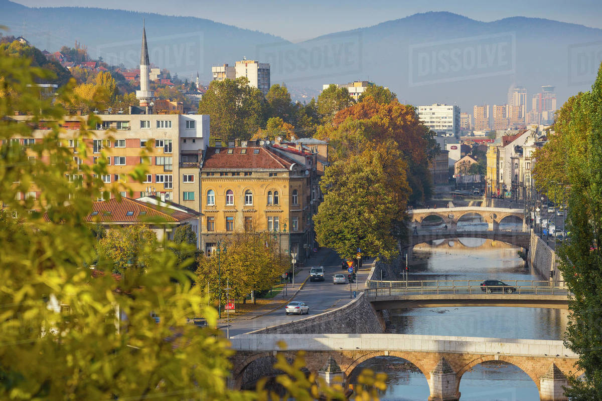 View of city and Miljacka River, Sarajevo, Bosnia and Herzegovina ...