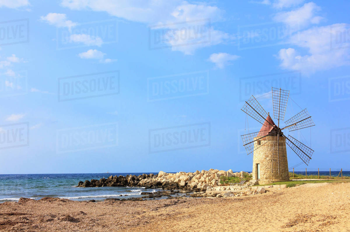Windmill, Baia dei Mulini, Trapani, Sicily, Italy, Mediterranean ...