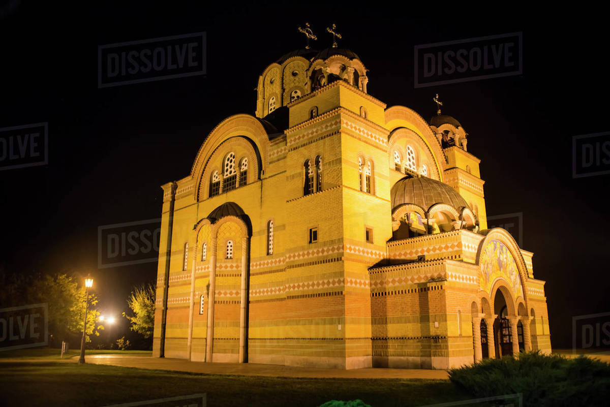 Nightshot of the Orthodox Christian church in Apatin on the Danube ...