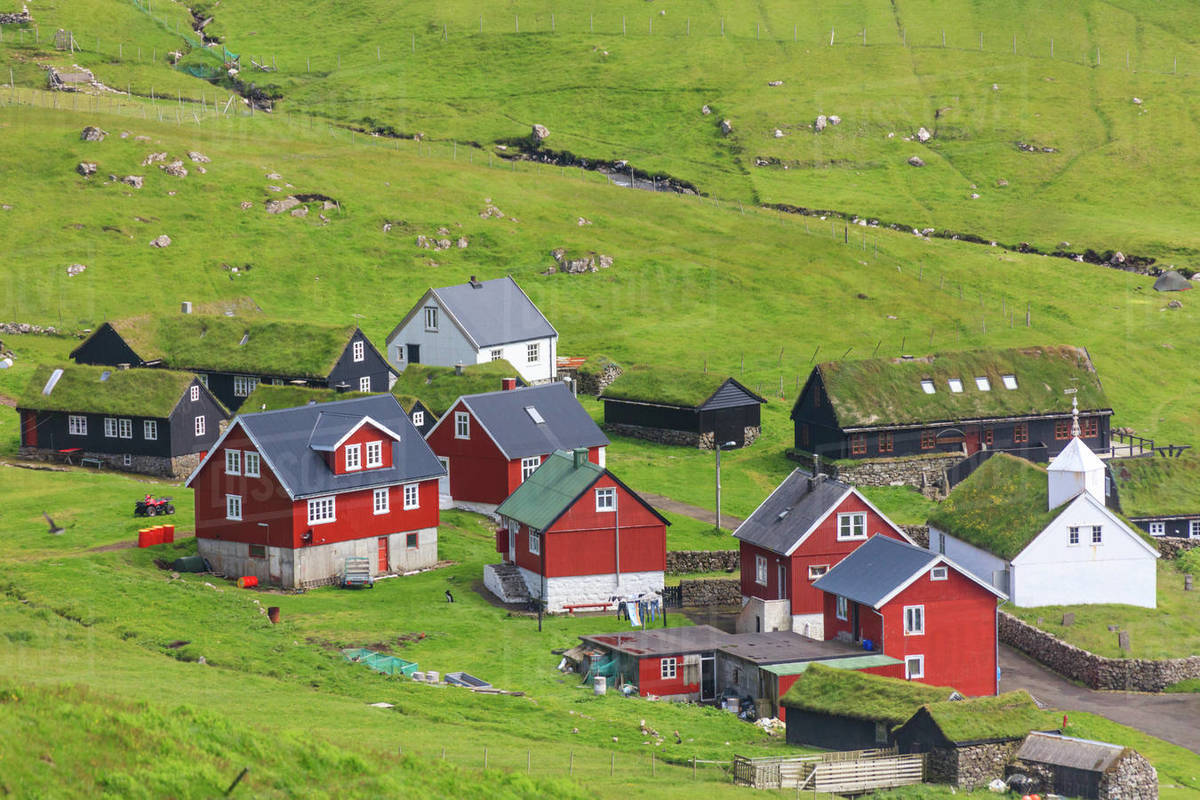 Traditional village of Mykines, Mykines Island, Faroe Islands, Denmark ...