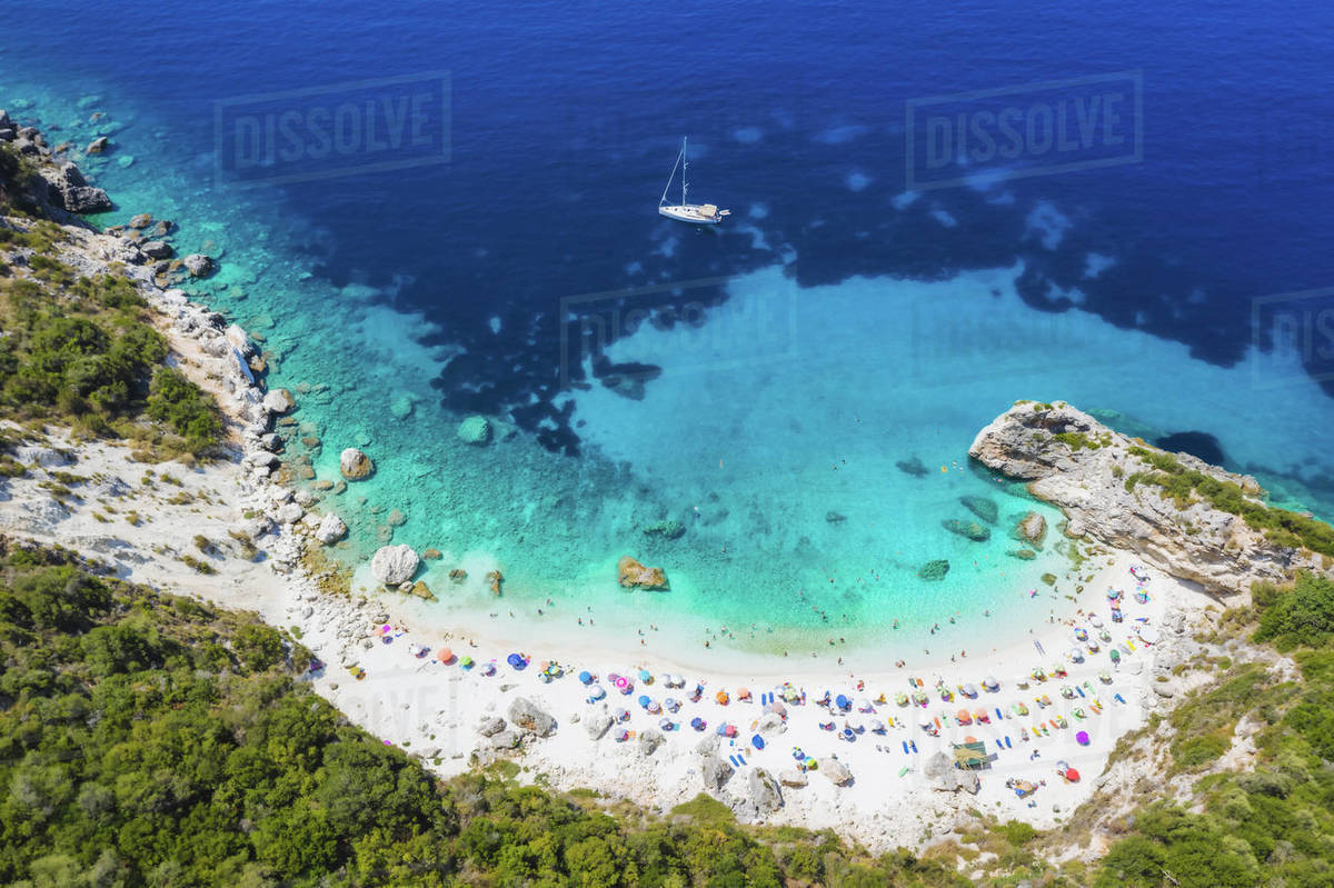 Aerial drone photo of iconic paradise sandy beach of Agiofili near port ...