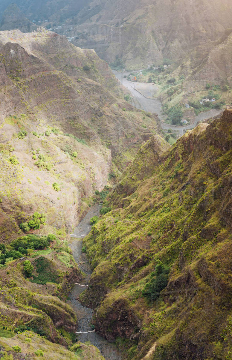 Santo Antao, Cape Verde. Canyon with steep cliff and winding riverbed ...