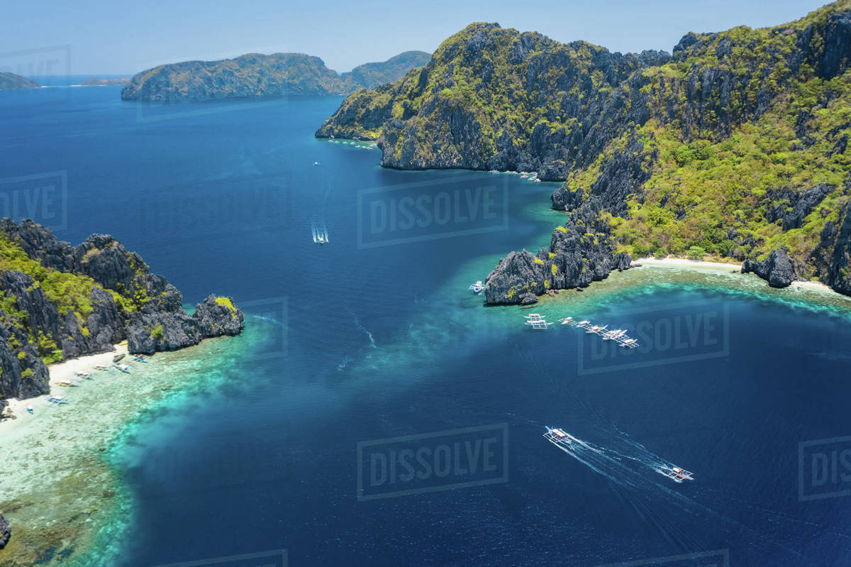 Aerial drone view of strait between Miniloc and Shimizu tropical ...