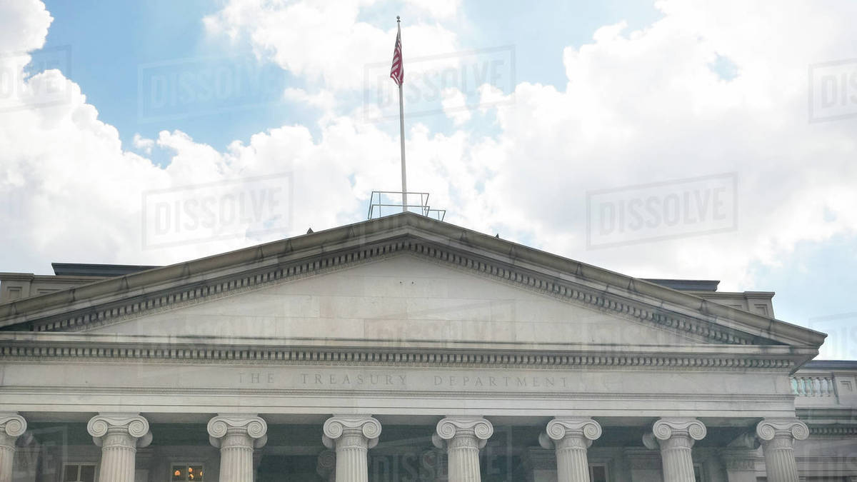 close up of the exterior of the us treasury dept building in washington ...