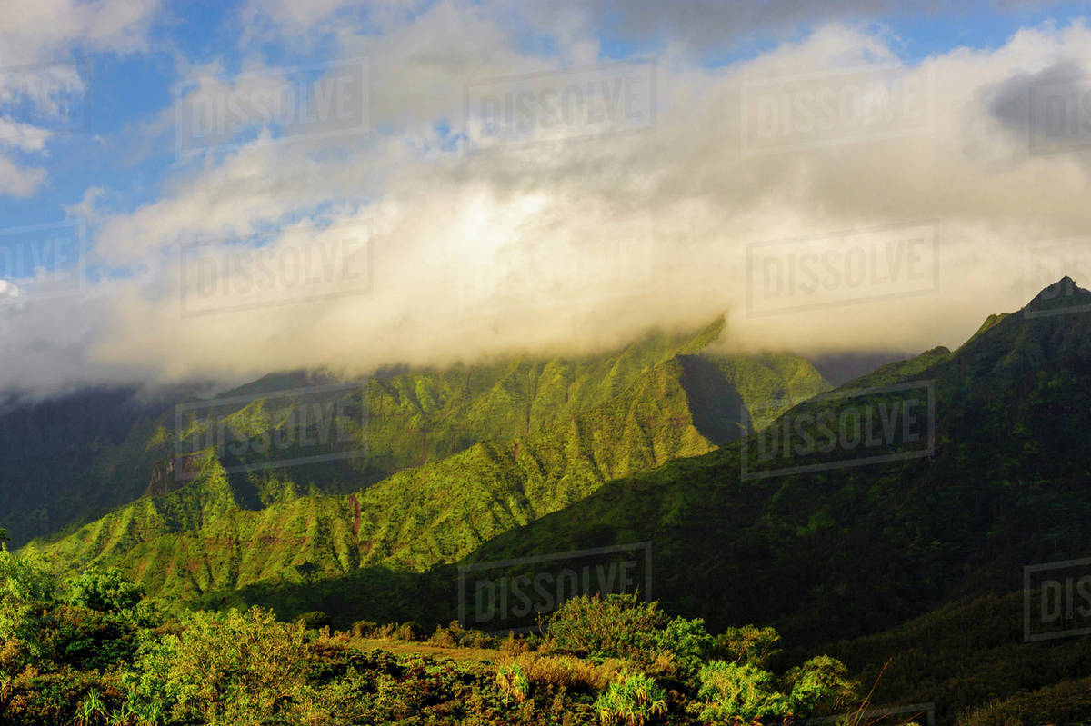 USA, Hawaii, Kauai. Two peaks in the Makaleha Mountains, a range in ...
