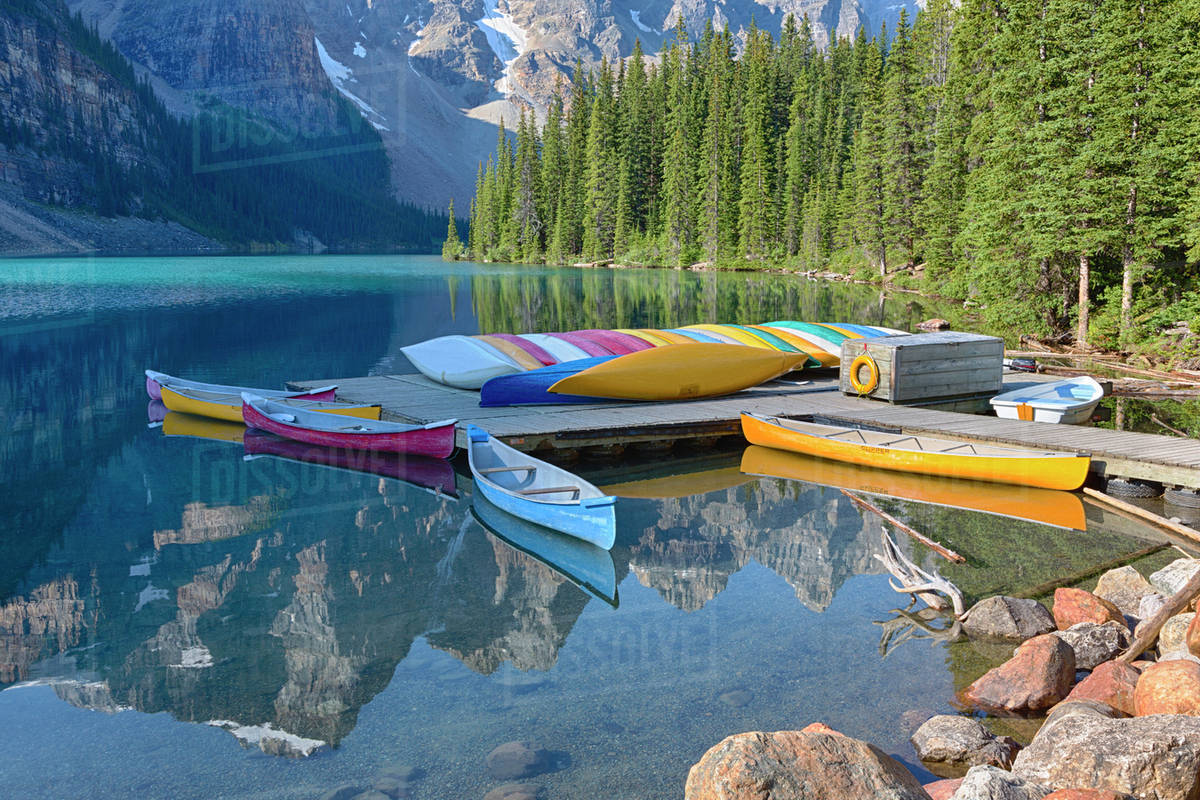 Canada, Banff National Park, Valley of the Ten Peaks, Moraine Lake, Canoe dock - Stock Photo ...