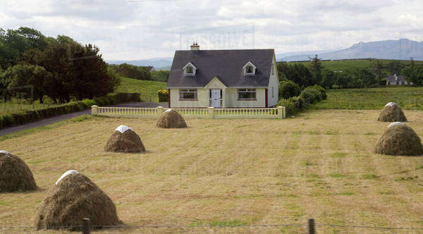Ireland, County Mayo. Traditional haystacks dot the front yard of a ...